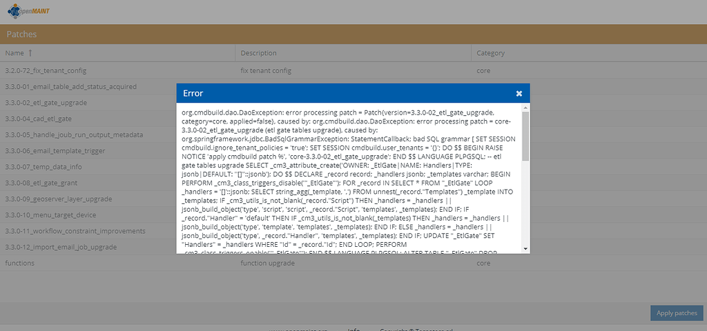 Error Processing Patch Openmaint 2 0 3 2 1 Configurations Cmdbuild Forum